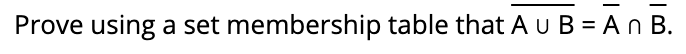 Solved Prove using a set membership table that Au B = A n B. | Chegg.com