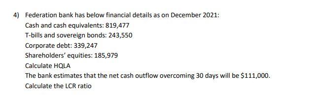 Solved 4) Federation bank has below financial details as on | Chegg.com