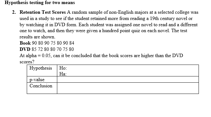 Solved Hypothesis testing for two means 2. Retention Test | Chegg.com