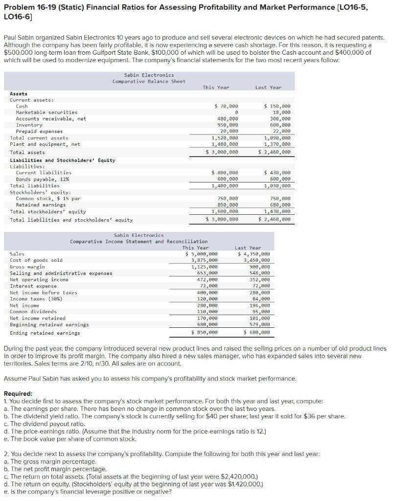 Solved Problem 16-19 (Static) Financial Ratios for Assessing | Chegg.com