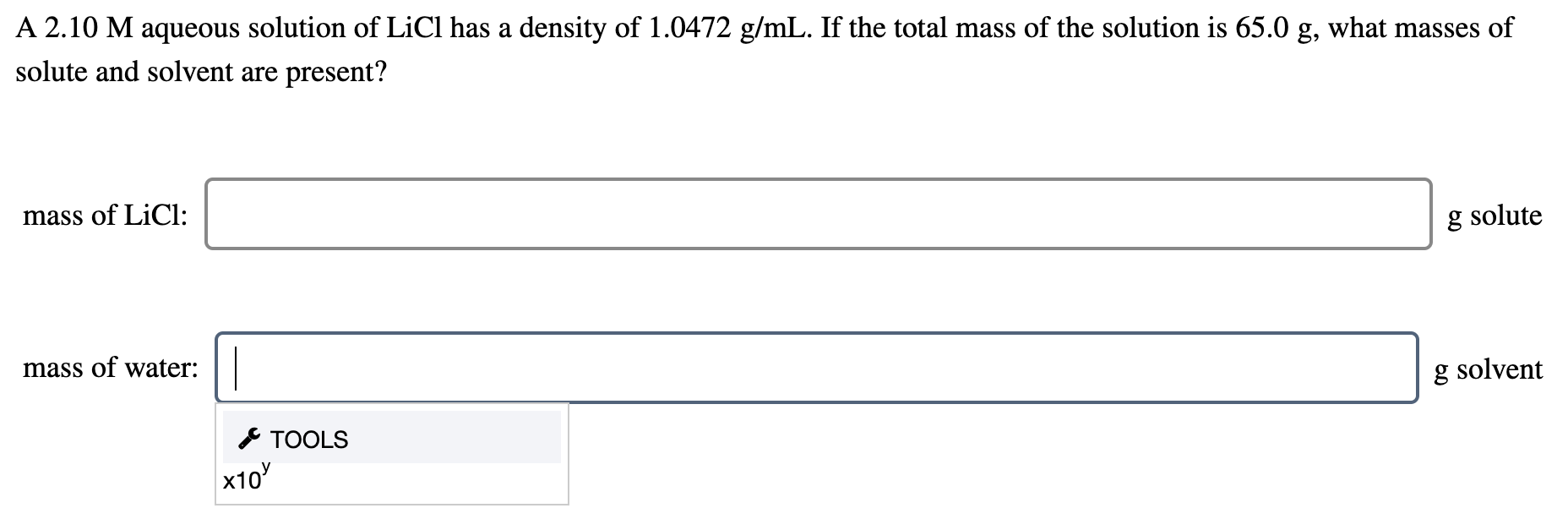 Solved A 2.10 M aqueous solution of LiCl has a density of | Chegg.com
