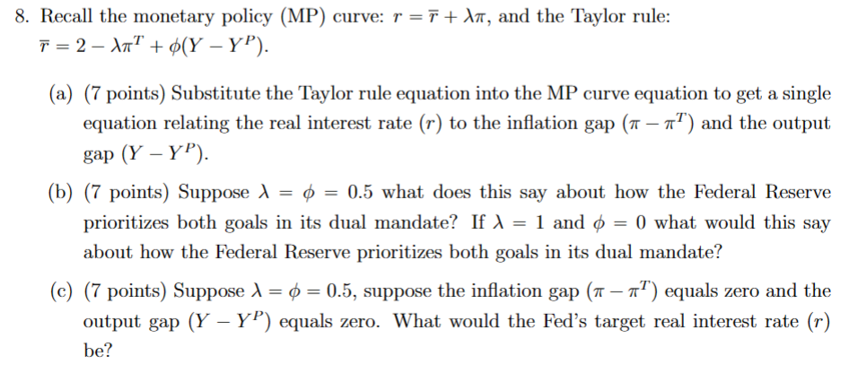 Solved 8. Recall the monetary policy (MP) curve: r=rˉ+λπ, | Chegg.com