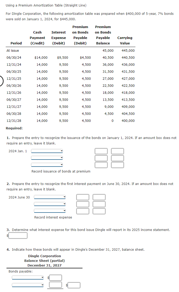 Solved Using a Premium Amortization Table (Straight Line) | Chegg.com