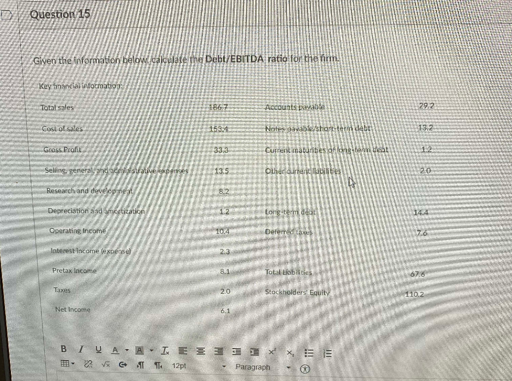 Solved Question 15 Given the information below calculate the | Chegg.com