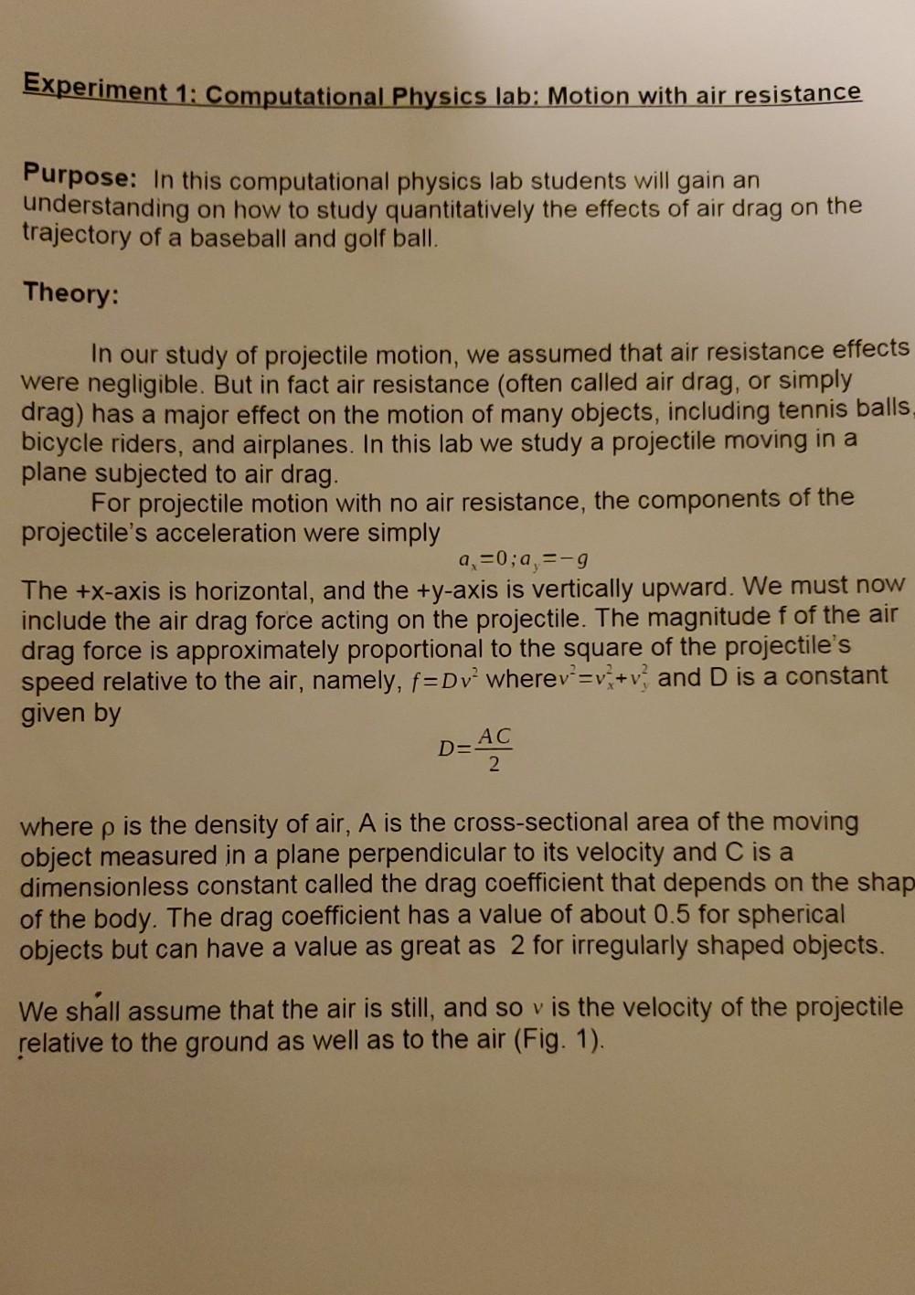 Experiment 1: Computational Physics lab: Motion with | Chegg.com