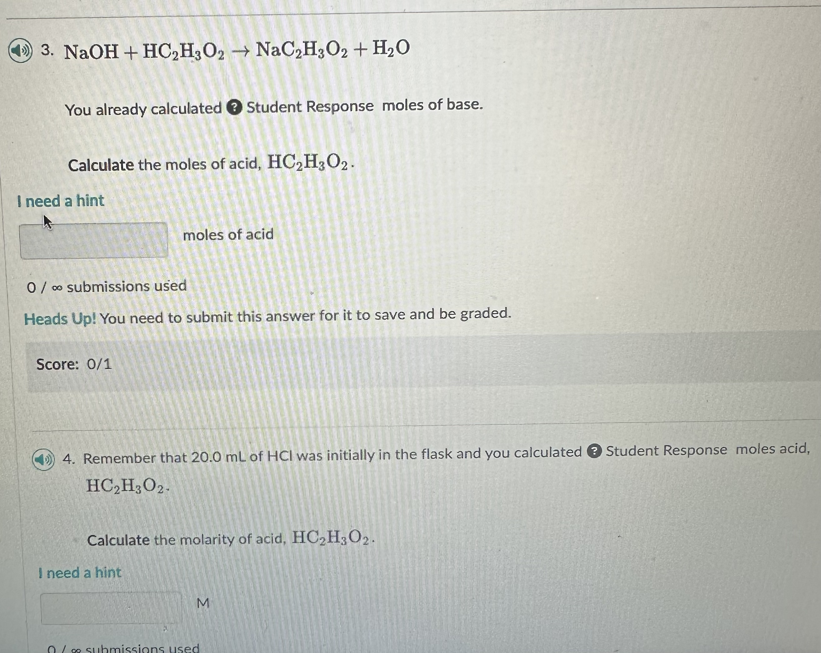 Solved 1. Neutralization Reaction: NaOH+HC2H3O2→NaC2H3O2+H2O | Chegg.com