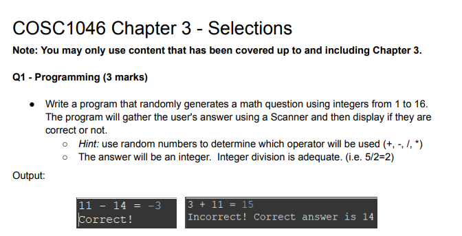 Solved CosC1046 Chapter 3 - Selections Note: You may only | Chegg.com