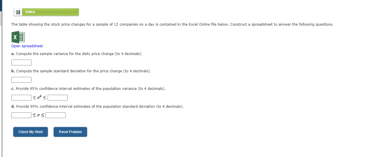 Solved Open spreadsheet a. Compute the sample variance for | Chegg.com