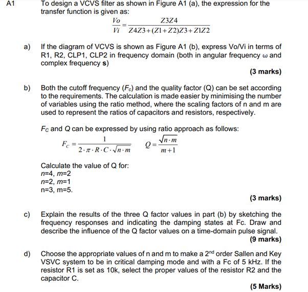 Solved A1 To design a VCVS filter as shown in Figure A1 (a), | Chegg.com