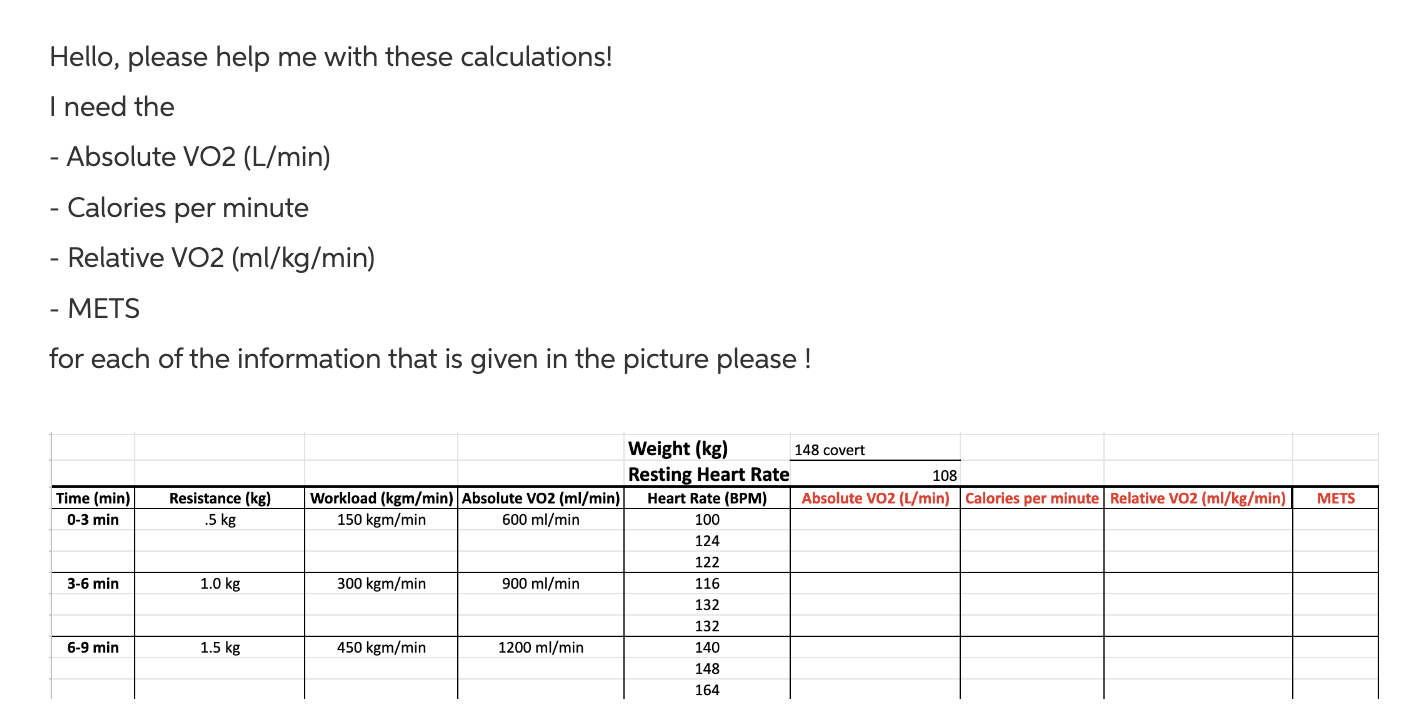 Solved Hello, please help me with these calculations! I need | Chegg.com