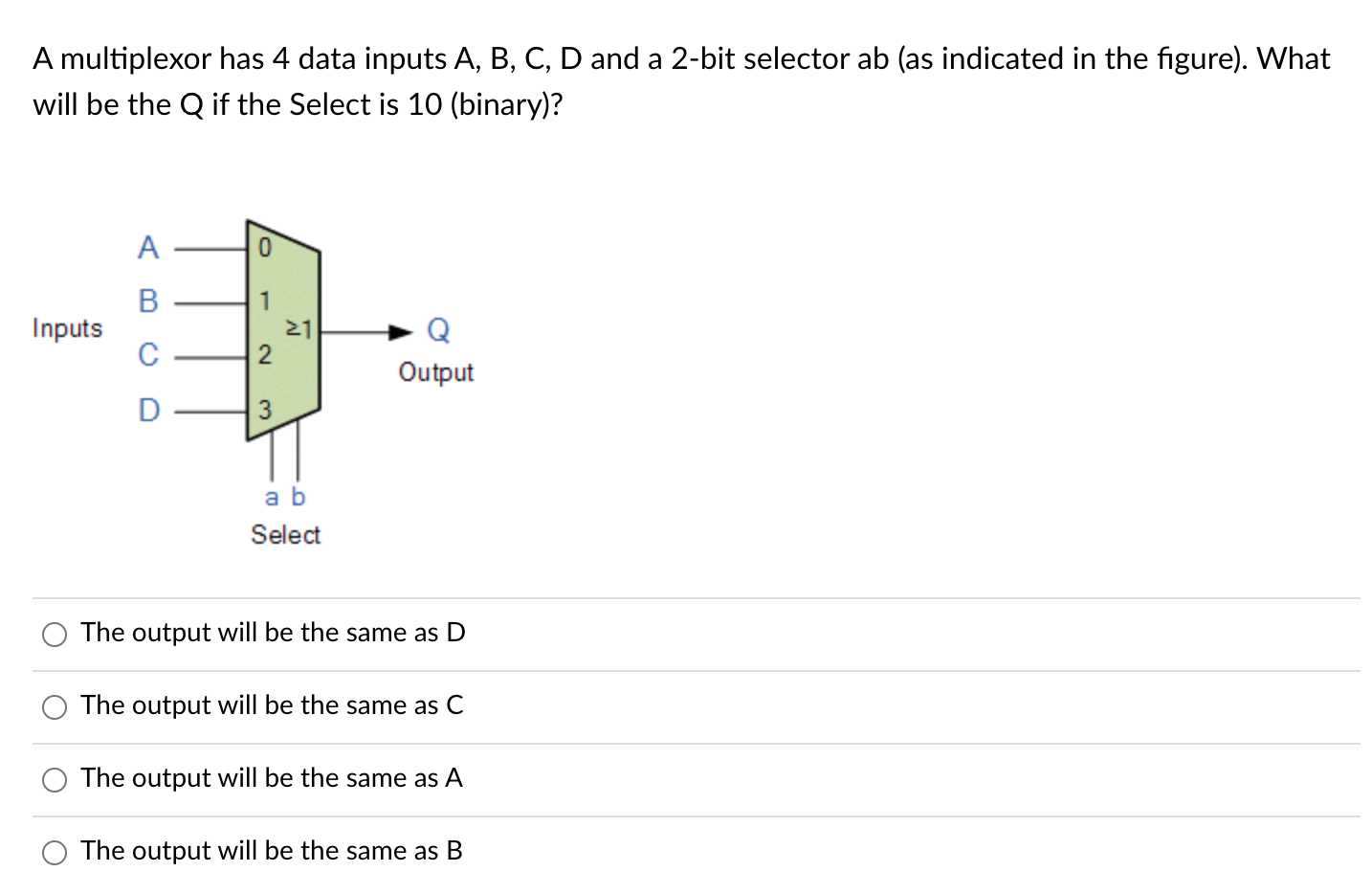 Solved A multiplexor has 4 data inputs A, B, C, D and a | Chegg.com