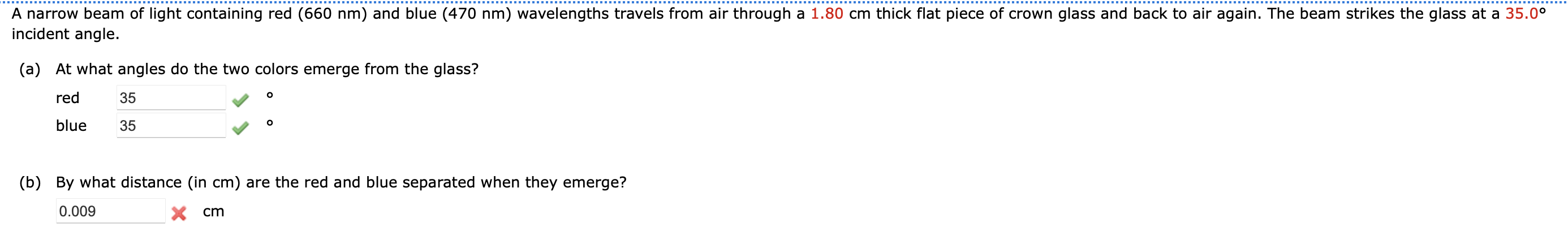Solved incident angle. (a) ﻿At what angles do the two colors | Chegg.com