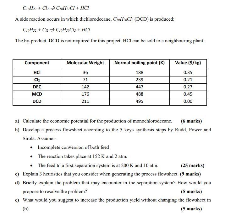 Solved C10H22 + Cl2 → CH2Cl + HCI A side reaction occurs in | Chegg.com