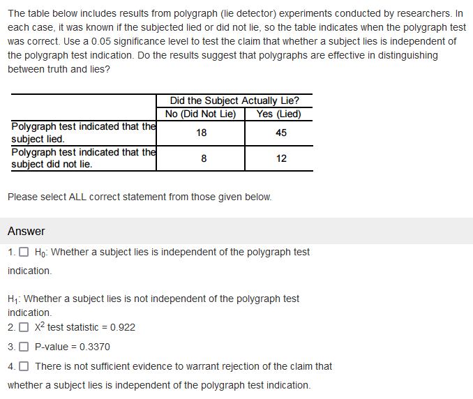 Solved The table below includes results from polygraph (lie | Chegg.com