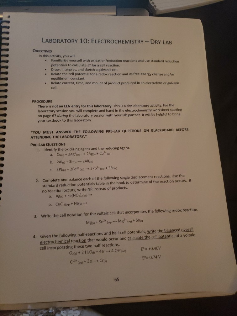 Solved LABORATORY 10: ELECTROCHEMISTRY-DRY LAB OBJECTIVES In | Chegg.com