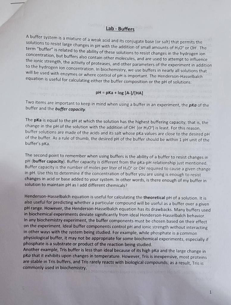 Solved Lab - Buffers A buffer system is a mixture of a weak | Chegg.com