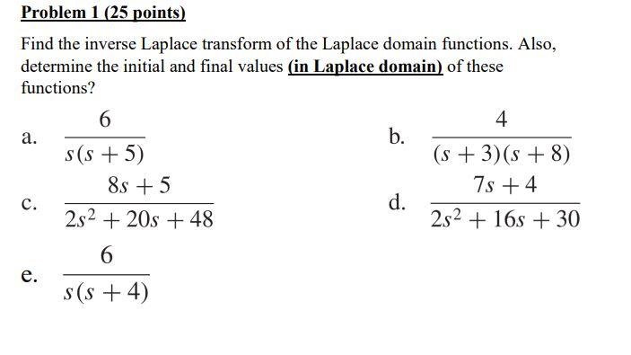 Solved Problem 1 (25 points) Find the inverse Laplace | Chegg.com