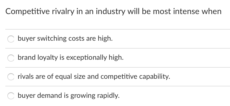 Solved Competitive rivalry in an industry will be most | Chegg.com