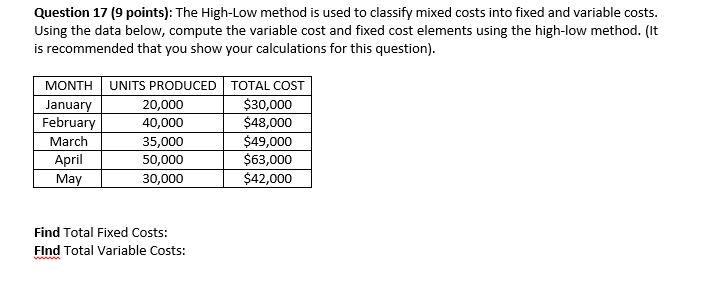 Solved Question 17 ( 9 points): The High-Low method is used | Chegg.com