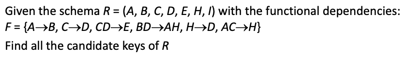 Solved Given the schema R=(A,B,C,D,E,H,I) with the | Chegg.com