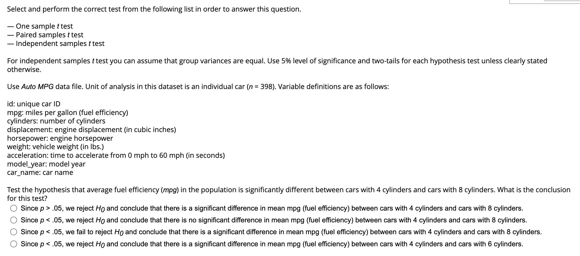 Select and perform the correct test from the | Chegg.com