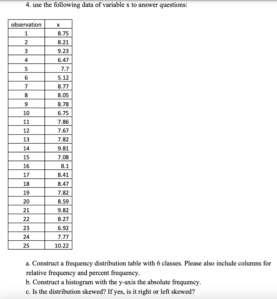 Solved 4. use the following data of variable x to answer | Chegg.com
