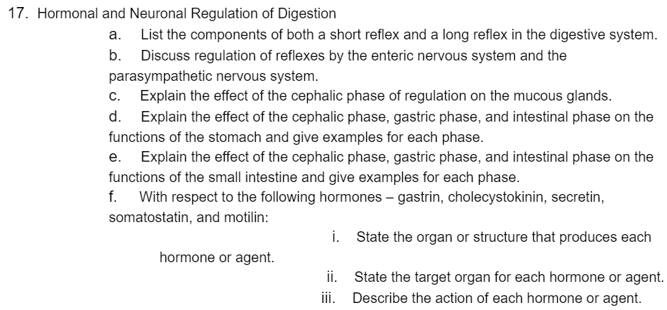 Solved 17. Hormonal and Neuronal Regulation of Digestion a. | Chegg.com