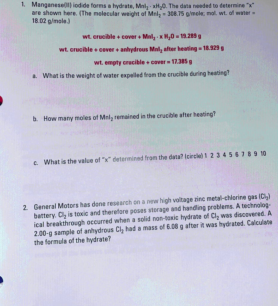 Solved 1. Manganese(II ) iodide forms a hydrate, Mnly : | Chegg.com