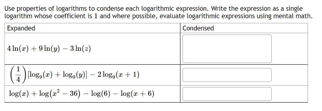 Solved Use properties of logarithms to condense each | Chegg.com