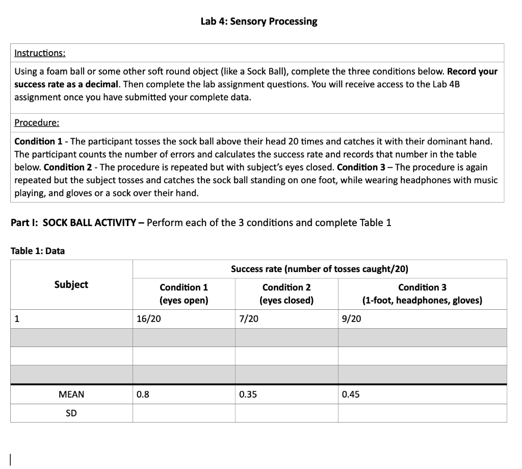 Lab 4: Sensory Processing Part I: SOCK BALL ACTIVITY | Chegg.com