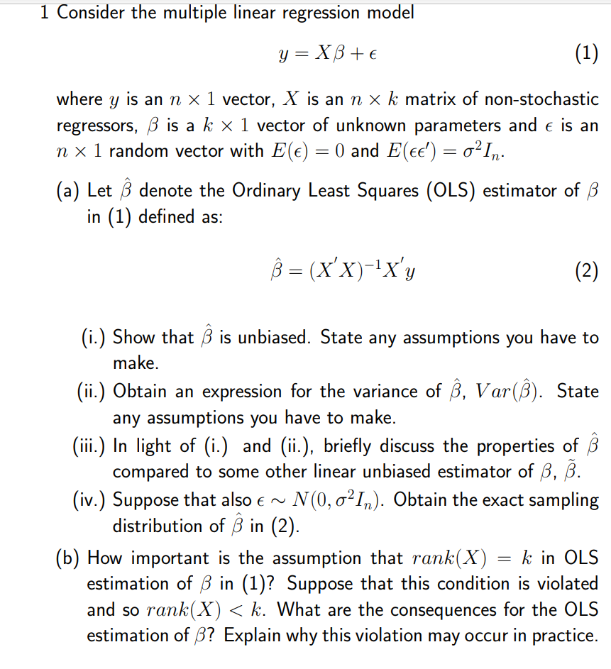 Solved 1 Consider the multiple linear regression model y = | Chegg.com