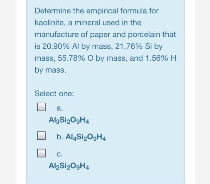Solved Determine the empirical formula for kaolinite, a | Chegg.com