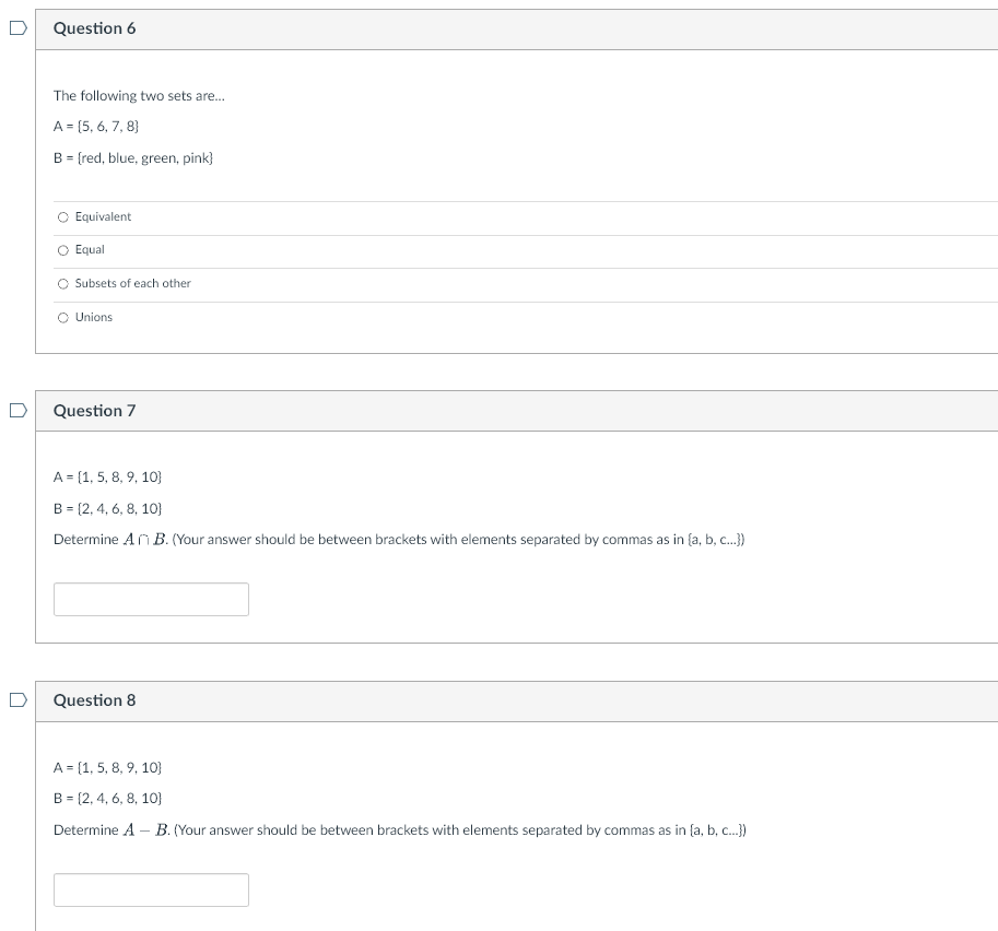 Solved The following two sets are... A={5,6,7,8} B={ red, | Chegg.com