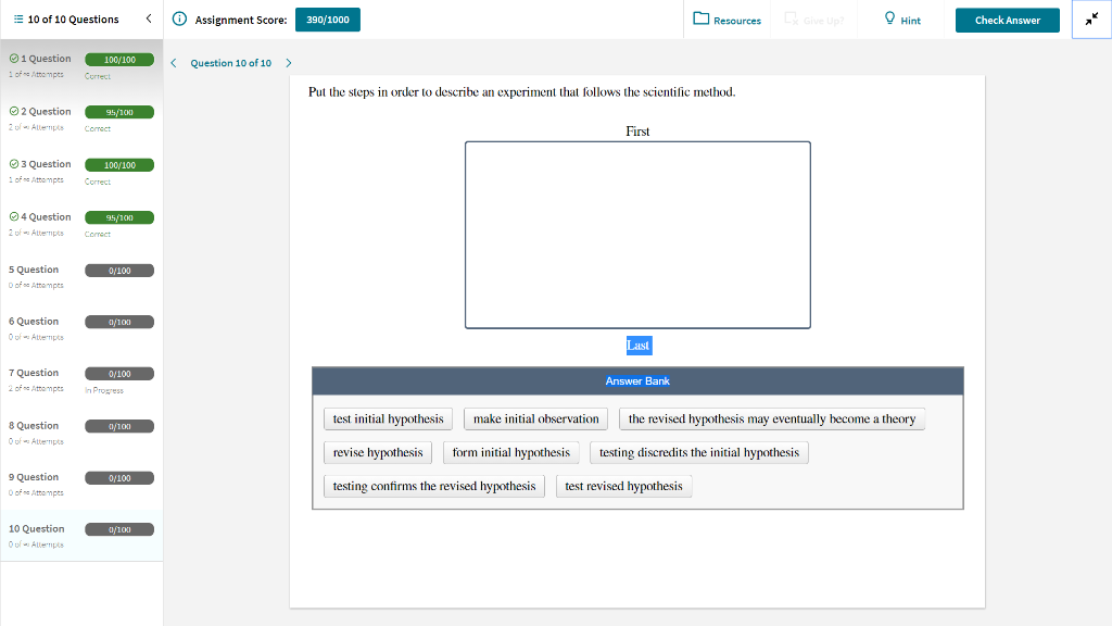 Solved Hint E 10 of 10 Questions Assignment Score: Resources | Chegg.com