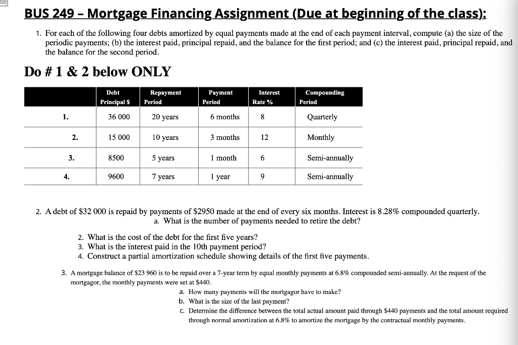 BUS 249 - Mortgage Financing Assignment (Due at | Chegg.com