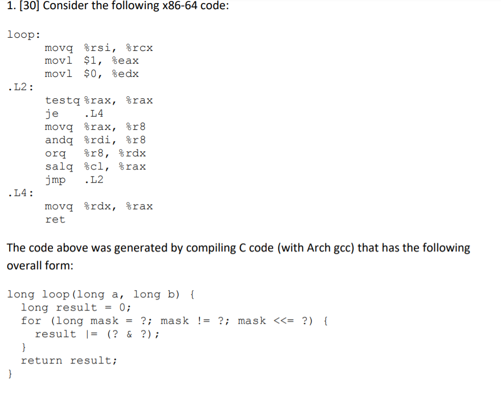 1. [30] Consider the following x86-64 code: loop: | Chegg.com