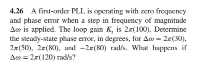 Solved 4.26 A first-order PLL is operating with zero | Chegg.com