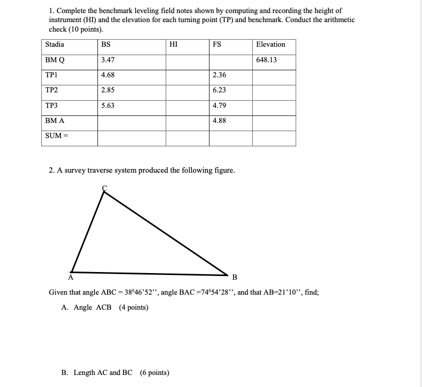 Solved 1. Complete the benchmark leveling field notes shown | Chegg.com