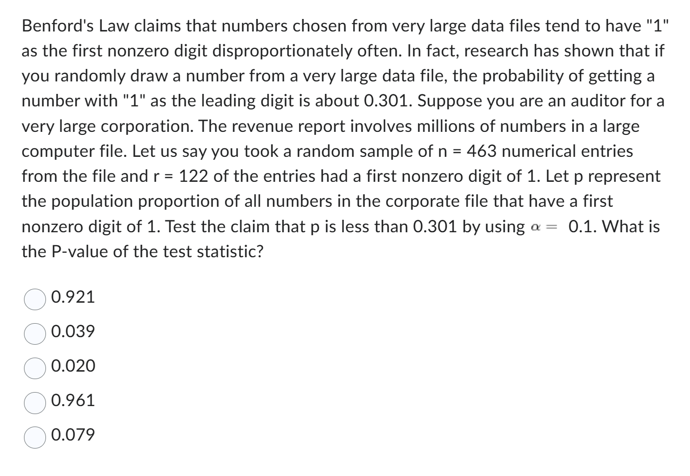 Solved Benford's Law claims that numbers chosen from very | Chegg.com
