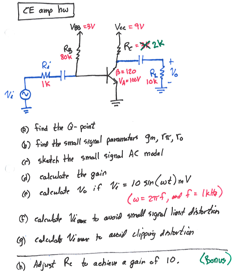 Solved CE amp hw Ves =3V Vec =90 Re=%2K RB 80K Ri MIL IK | Chegg.com