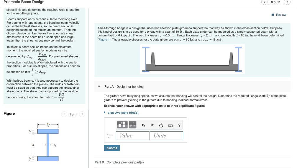 Solved Prismatic Beam Design 8 of 11 > Review stress limit, | Chegg.com