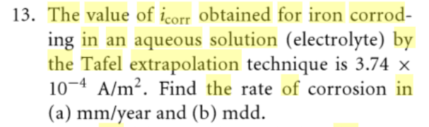 13. The value of icorr obtained for iron corrod- ing | Chegg.com