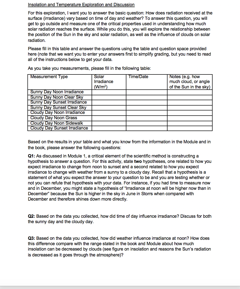 Insolation and Temperature Exploration and Discussion | Chegg.com