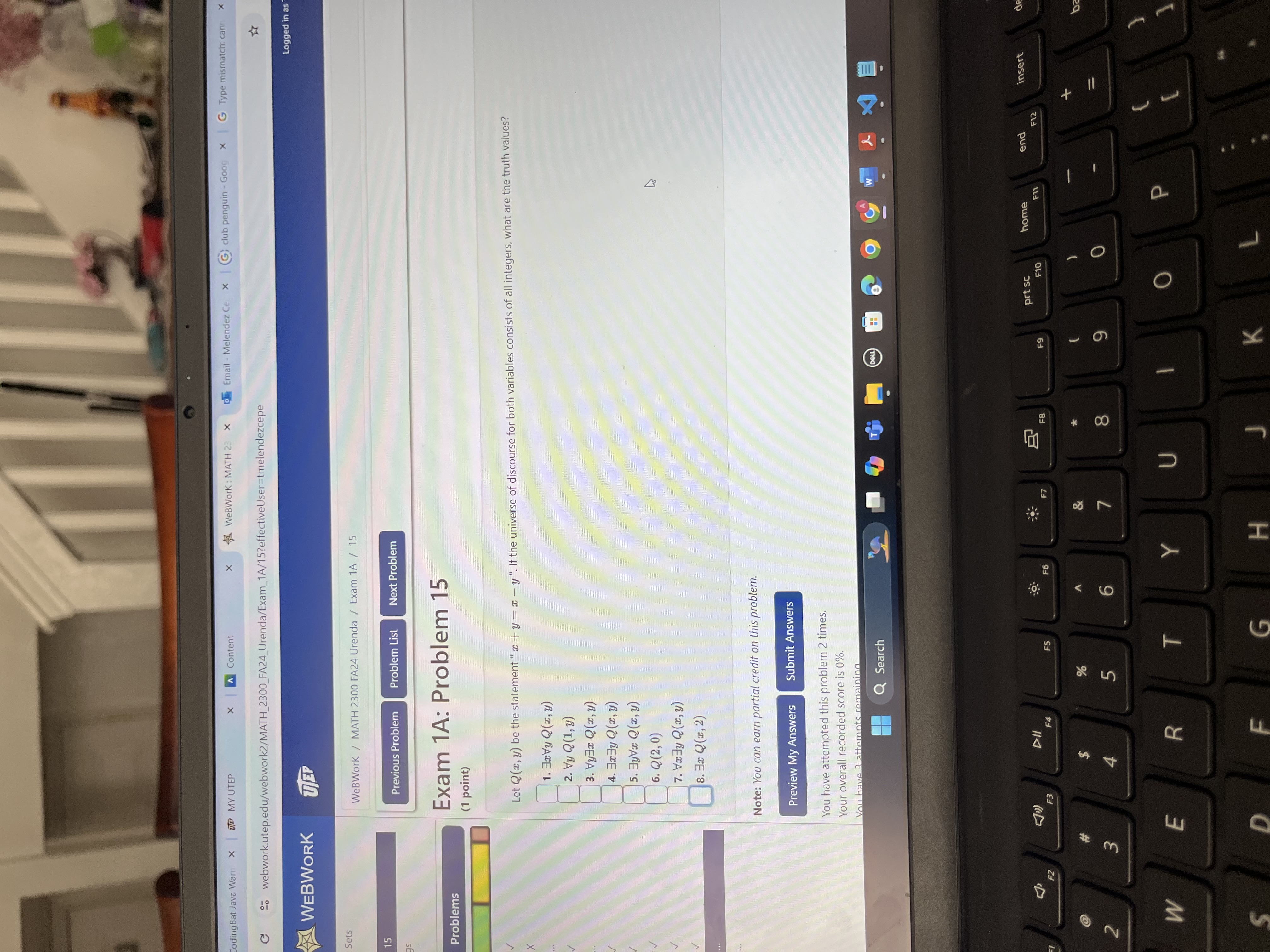 Solved (1 ﻿point)Let Q(x,y) ﻿be the statement " x+y=x-y ". | Chegg.com