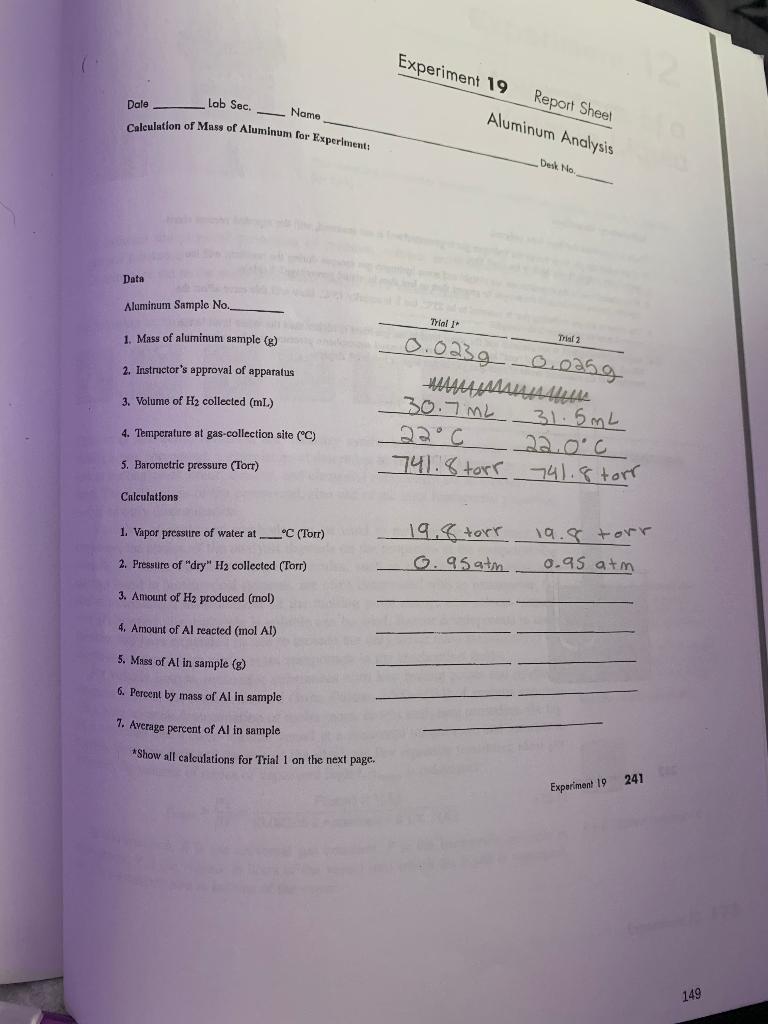 Solved Experiment 19 Report Sheet Aluminum Analysis Lab Sec. | Chegg.com