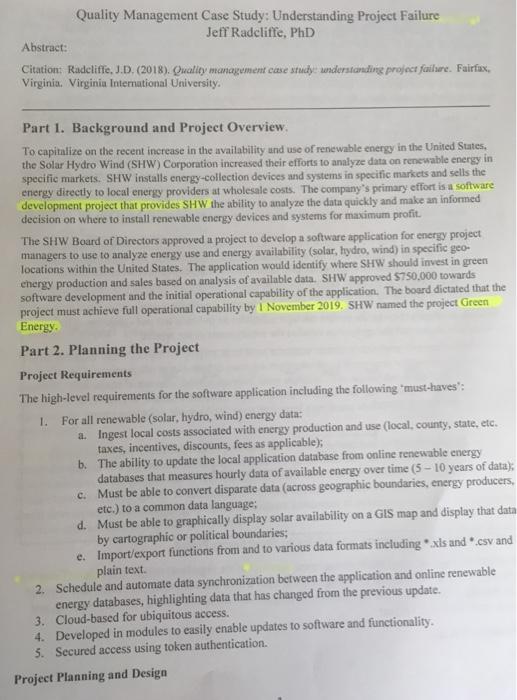 Quality Management Case Study: Understanding Project | Chegg.com