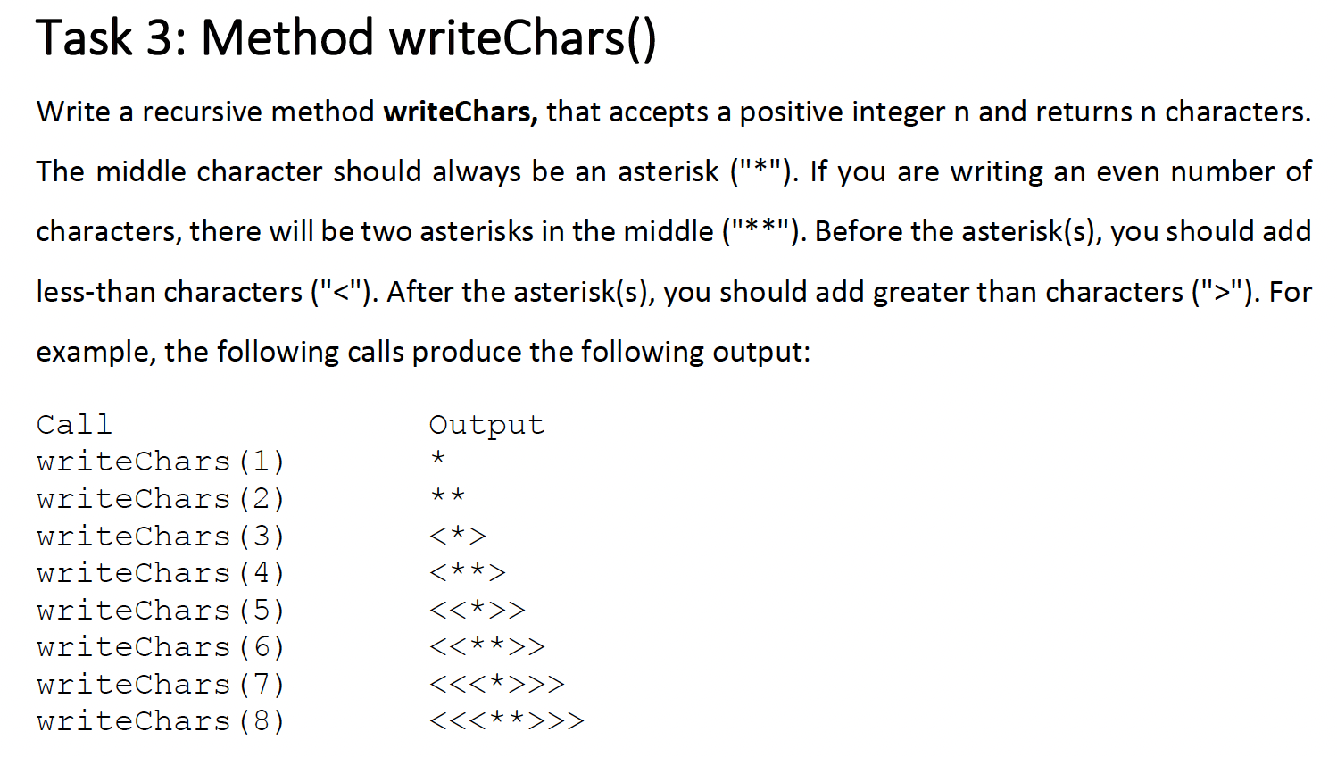 Solved Task 3: Method writeChars() Write a recursive method | Chegg.com