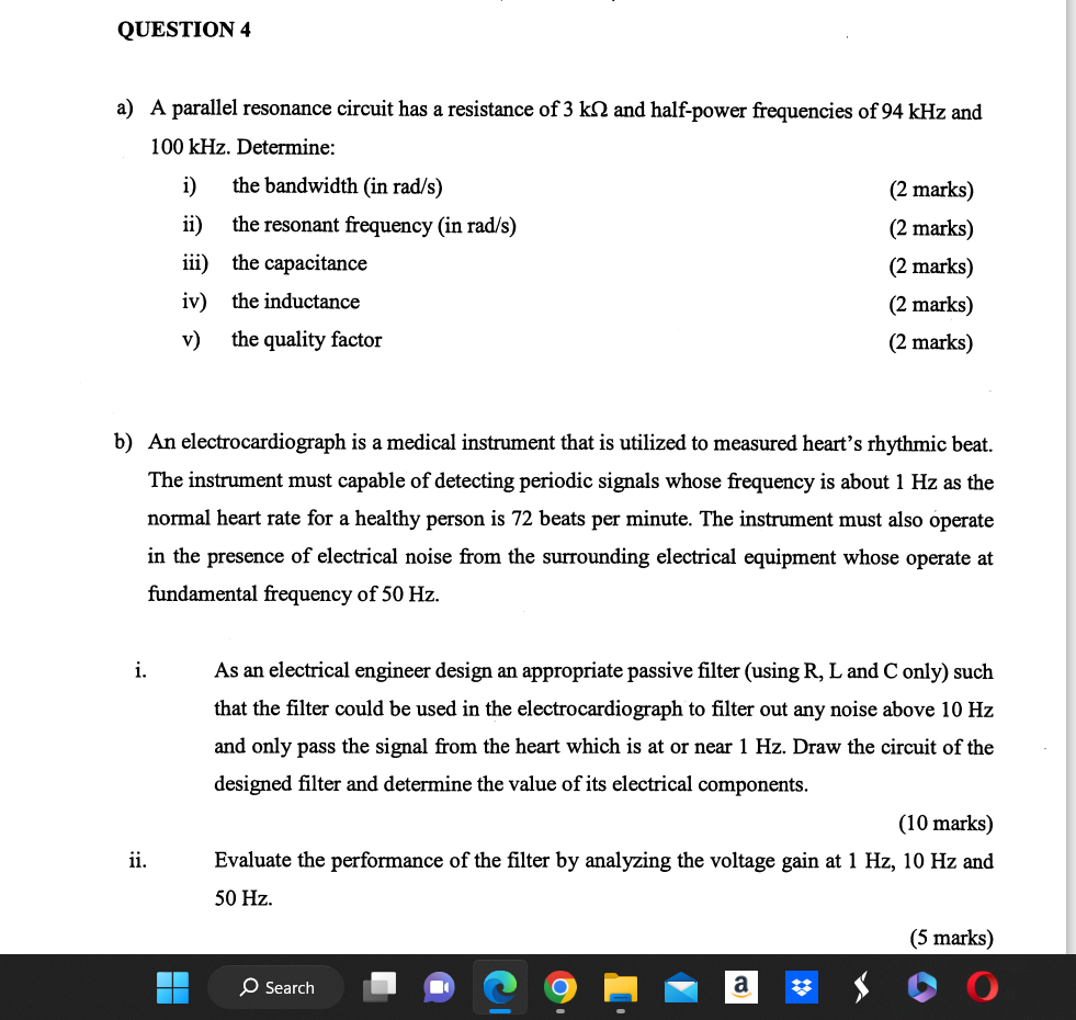 Solved a) A parallel resonance circuit has a resistance of | Chegg.com