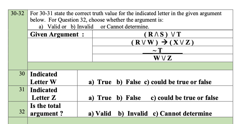 Solved For 30-31 state the correct truth value for the | Chegg.com