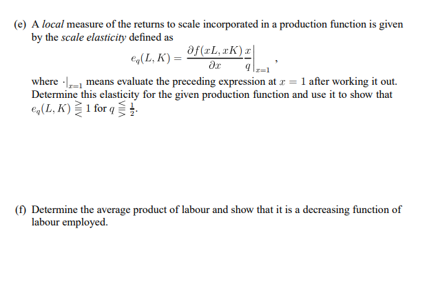 (e) A local measure of the returns to scale | Chegg.com